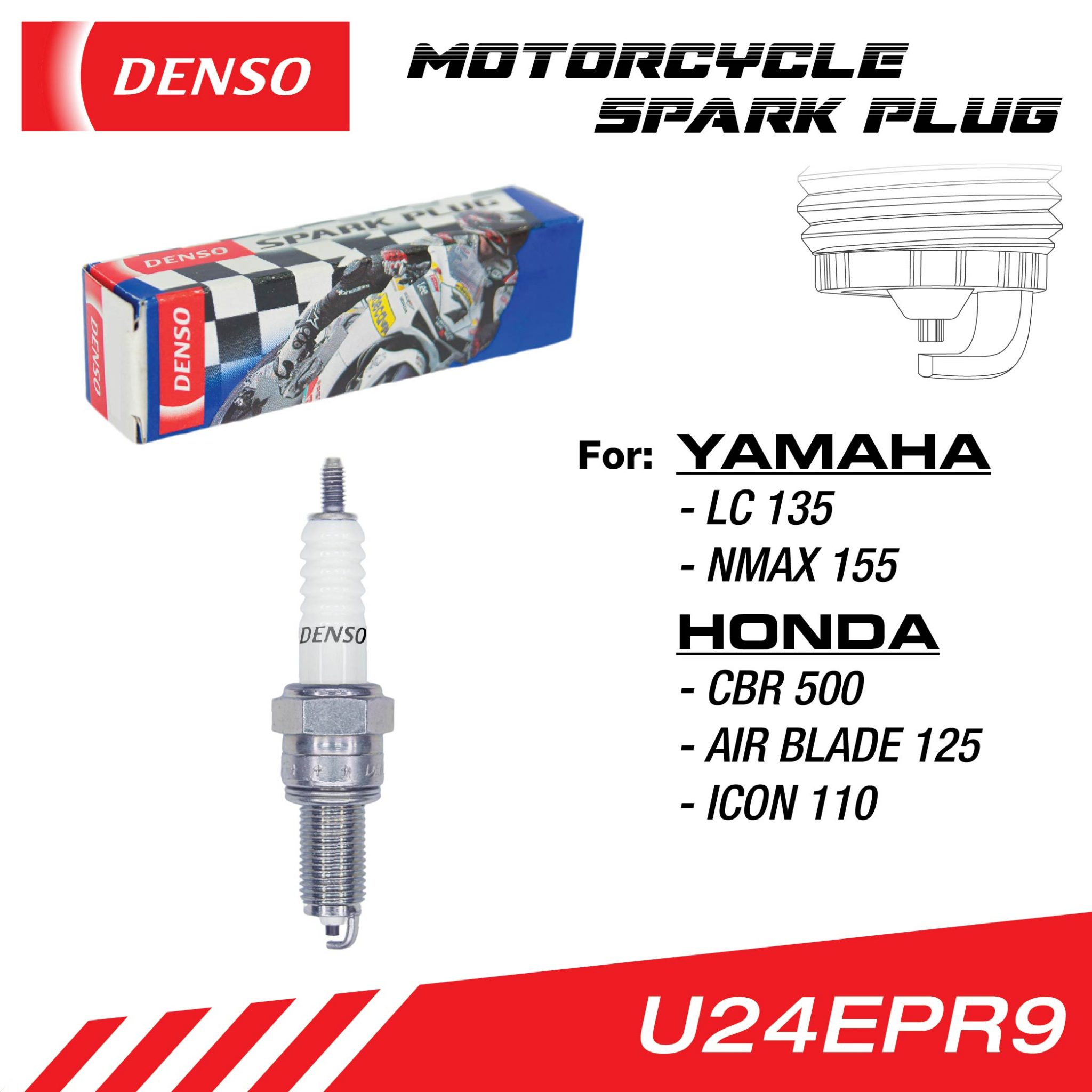 DENSO Motorcycle Spark Plug U24EPR9 For Yamaha Honda - 067800-7420 (1pc ...