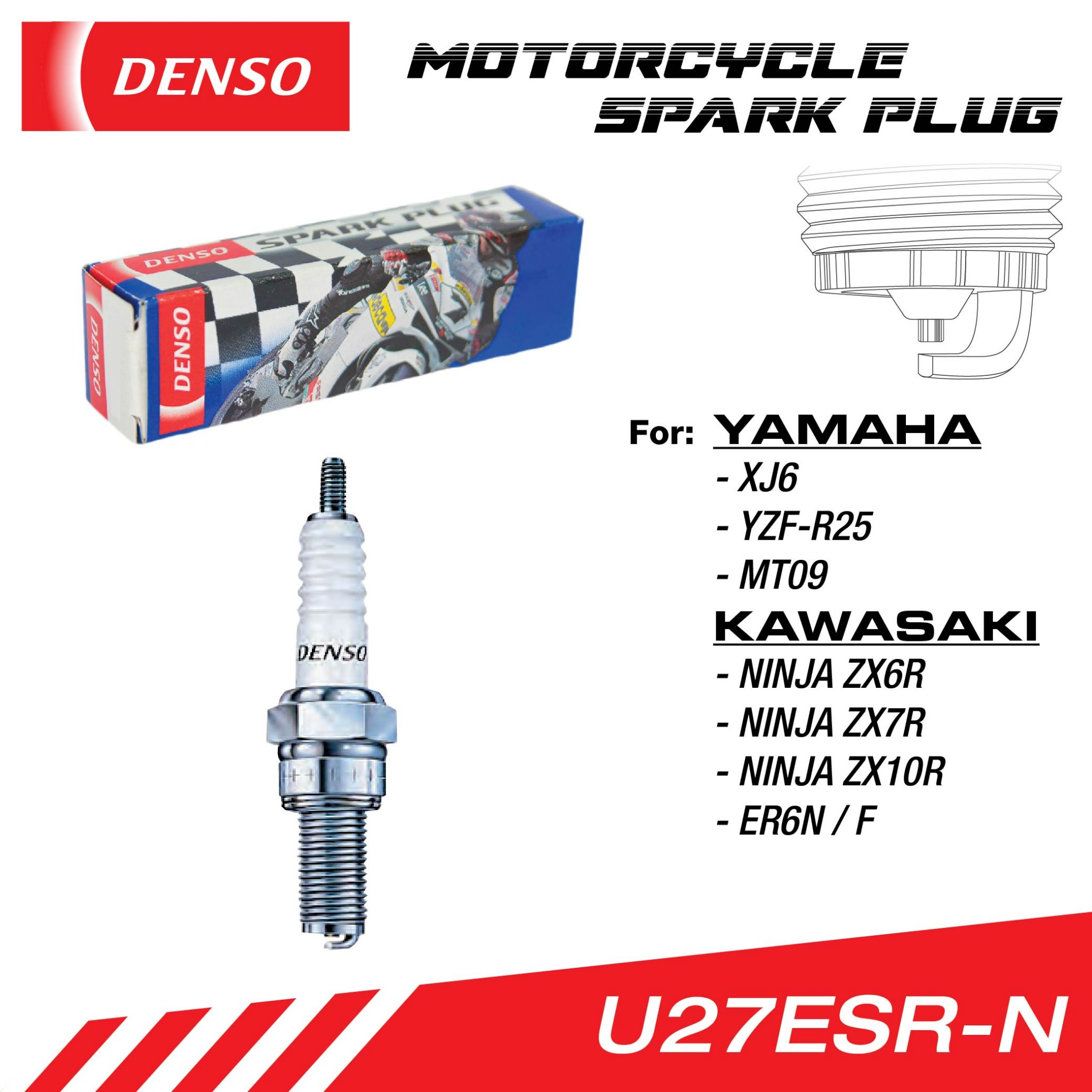 DENSO Motorcycle Spark Plug U27ESR-N For Yamaha Kawasaki - 067700-5390 (1pc) - auto2u
