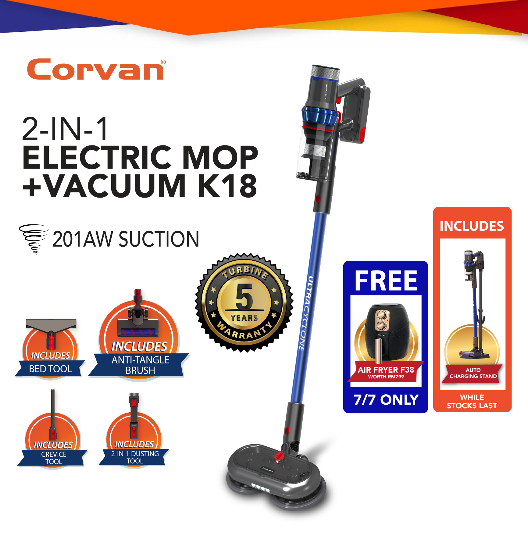 Corvan 2 In 1 Cordless Vacuum Cleaner & Cordless Mop K18 - auto2u